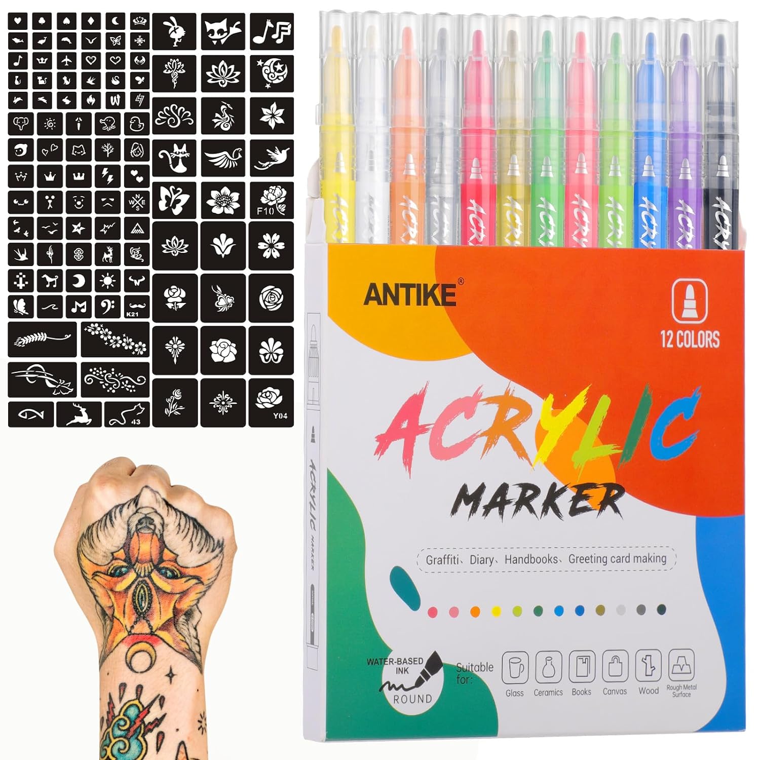 Antike Temporary Tattoo Kit 12 Temporary Tattoo Pens & 4 Tattoo Stenci